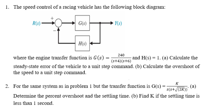 Solved 1. The speed control of a racing vehicle has the | Chegg.com