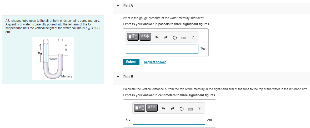 Solved Part AWhat is the gauge pressure at the water-mercury | Chegg.com