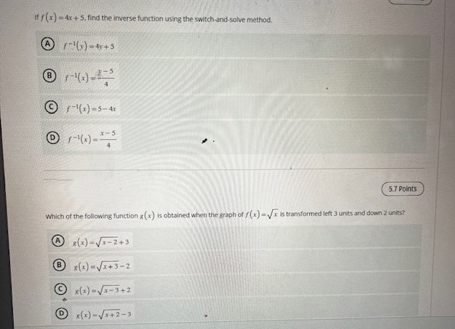 Solved If f(x)=4x+5, find the inverse function using the | Chegg.com