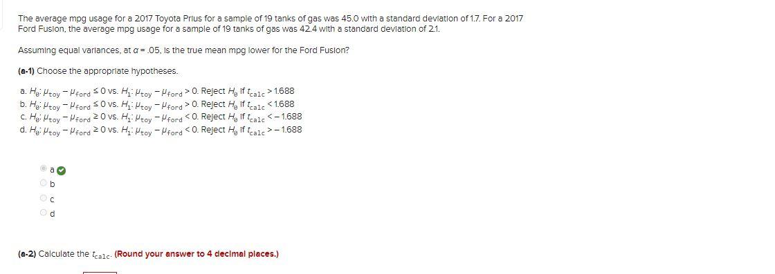 Solved The average mpg usage for a 2017 Toyota Prius for a | Chegg.com