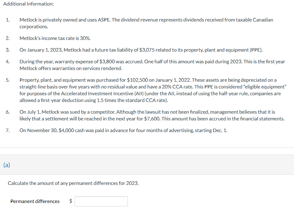 Solved Metlock Corporation has provided the following | Chegg.com Solved Metlock Corporation has provided the following | Chegg.com