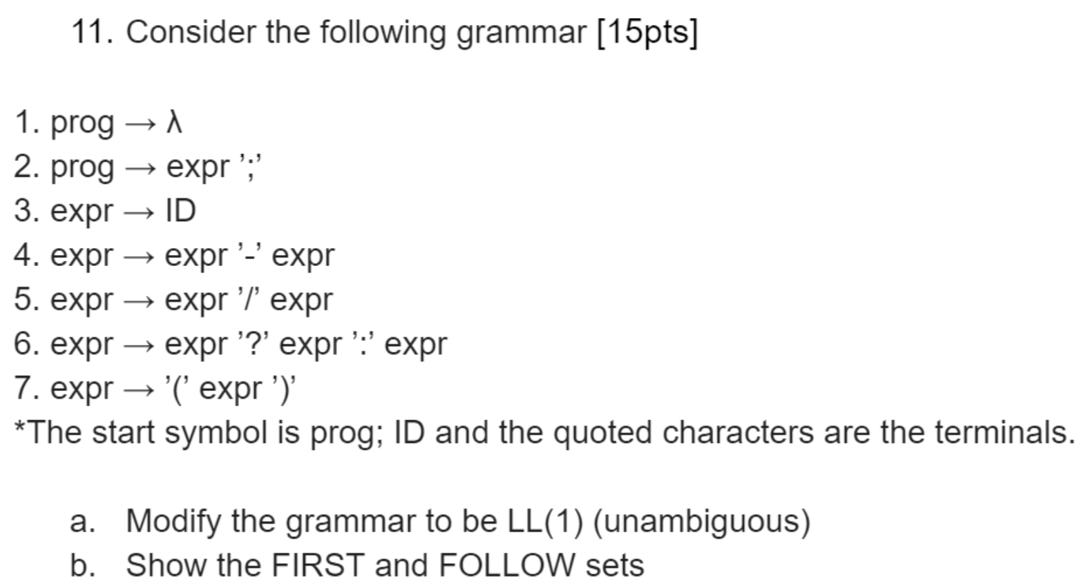 Solved 11 Consider The Following Grammar 15pts 2 Prog 1 