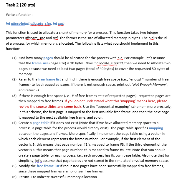 Task 2 (20 pts) Write a function: int allocate(int | Chegg.com