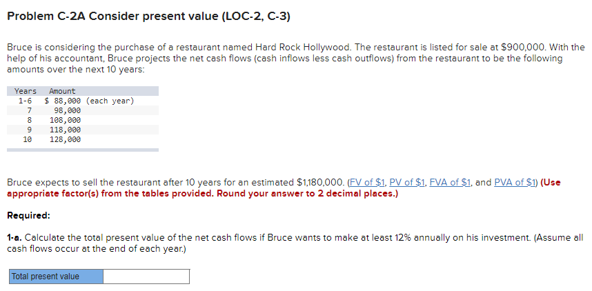 Solved Problem C-2A Consider present value (LOC-2, C-3) | Chegg.com