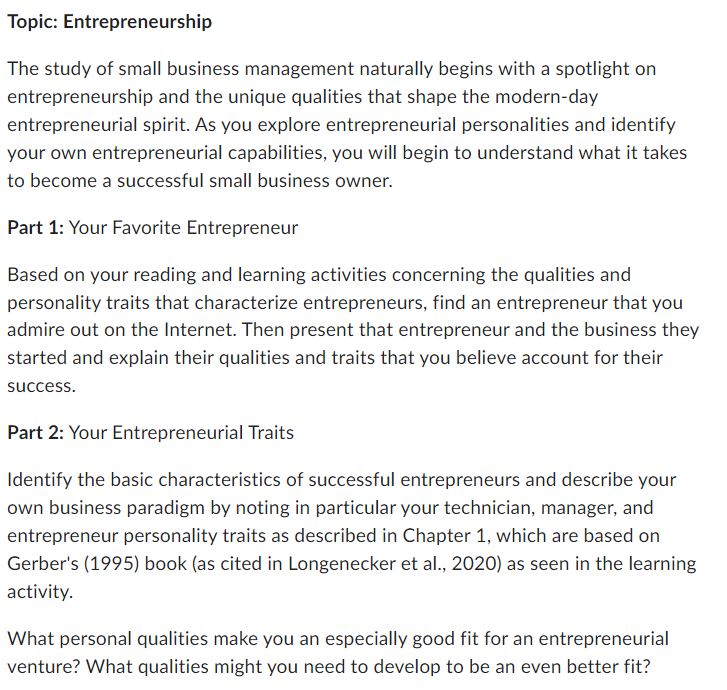 Solved Topic: Entrepreneurship The study of small business | Chegg.com