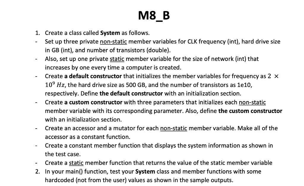 Solved 1 Create A Class Called System As Follows Set Up 