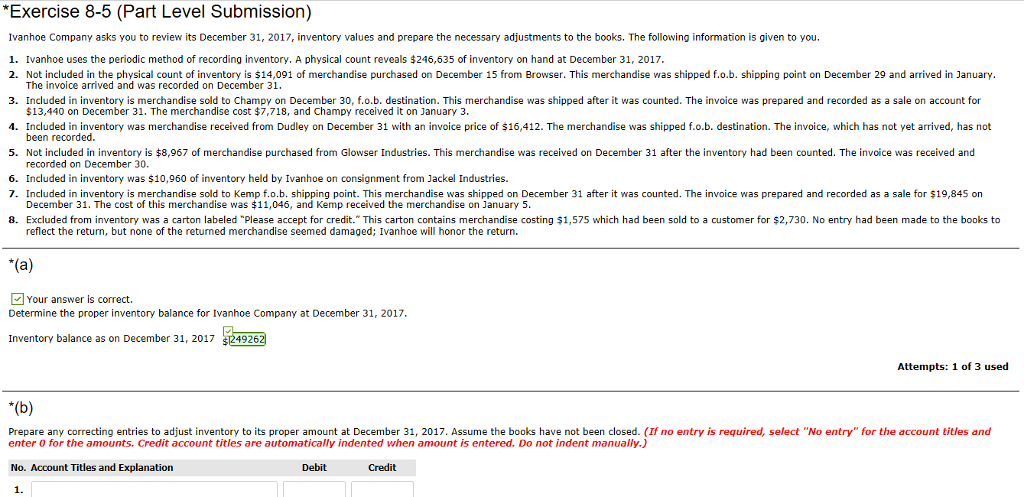 Solved Exercise 8-5 (Part Level Submission) Ivanhoe Company | Chegg.com