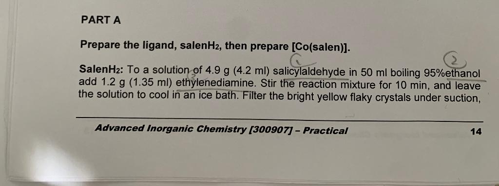 Solved PART A Prepare the ligand, salen H2, then prepare | Chegg.com