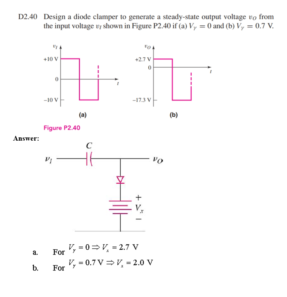 Solved D2.40 Design a diode clamper to generate a | Chegg.com Solved D2.40 Design a diode clamper to generate a | Chegg.com