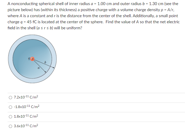 Solved A nonconducting spherical shell of inner radius a = | Chegg.com