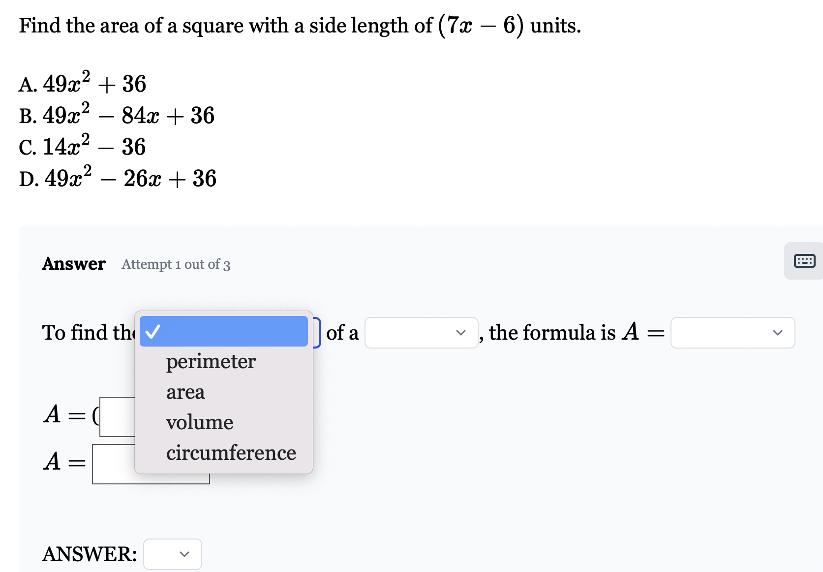Solved Find the area of a square with a side length of | Chegg.com