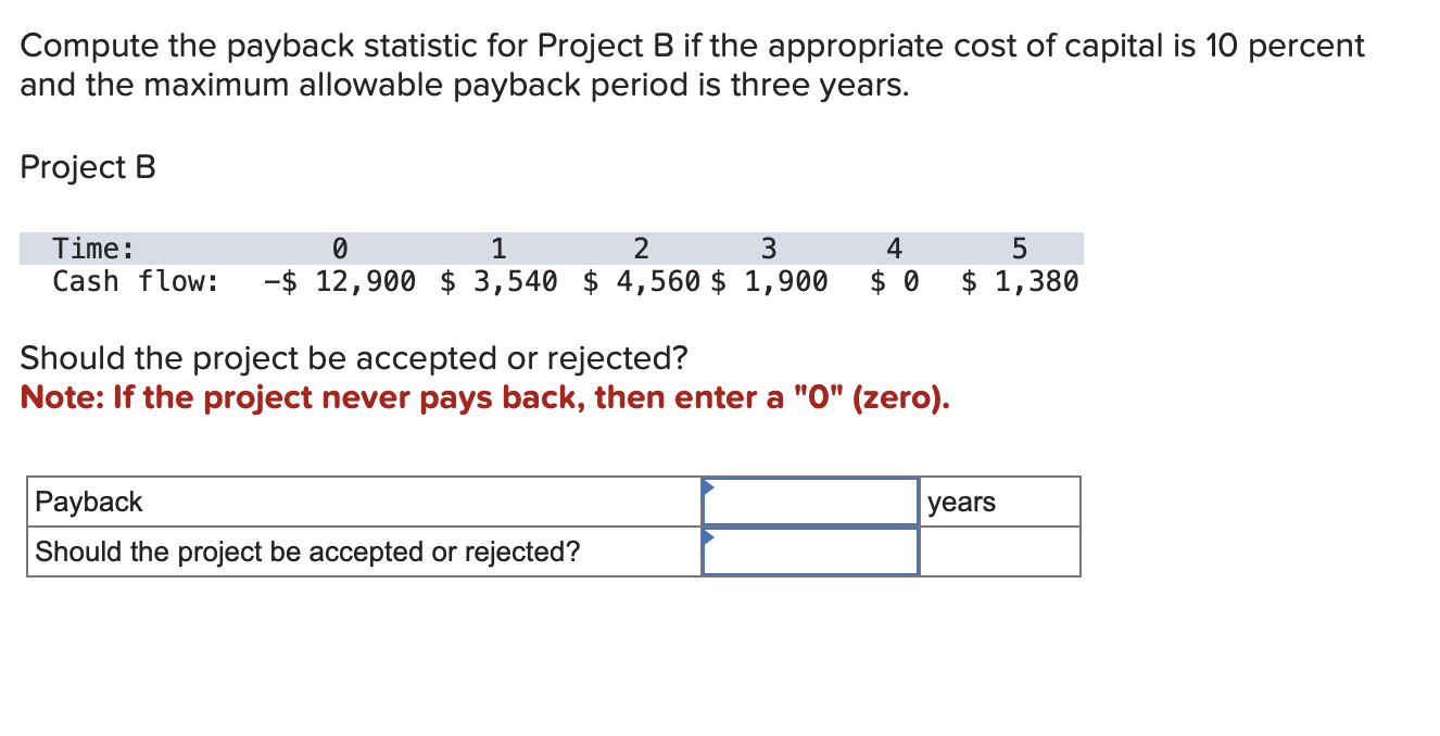 Solved Compute the payback statistic for Project B if the | Chegg.com