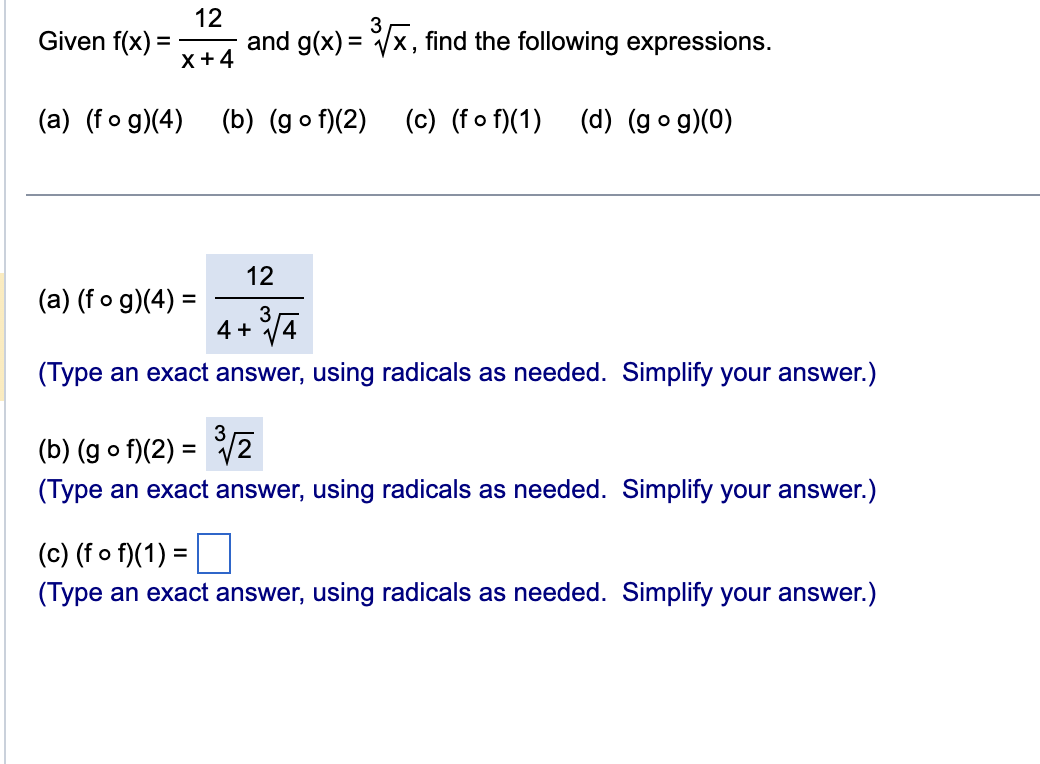 Solved Given f(x)=12x+4 ﻿and g(x)=x3, ﻿find the following | Chegg.com
