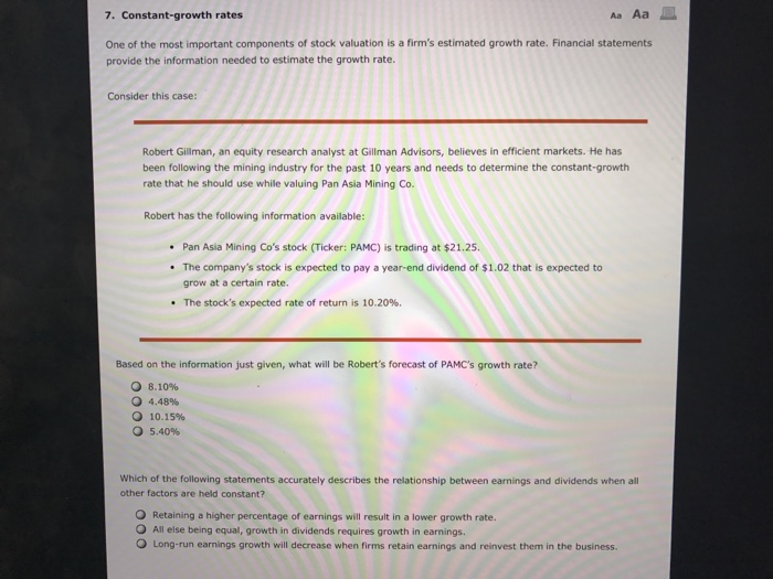 Solved 5. Constant growth stocks Aa Aa sCI just paid a | Chegg.com