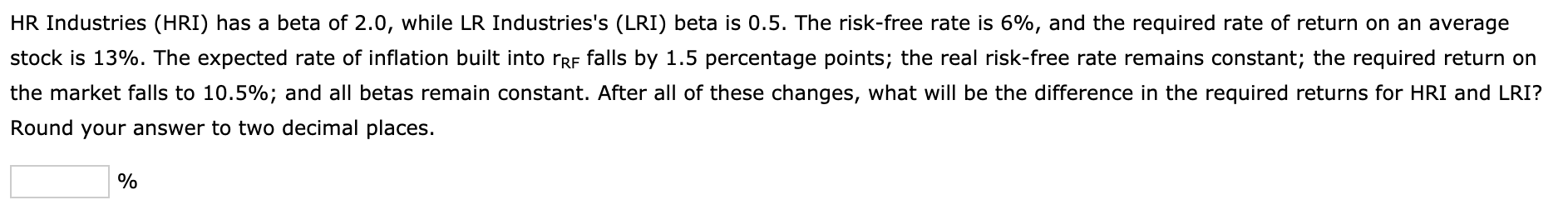Solved HR Industries (HRI) has a beta of 2.0, while LR | Chegg.com