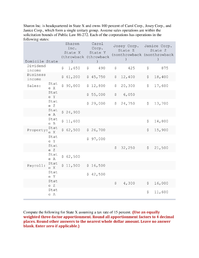 A. Calculate the State X apportionment factor for | Chegg.com