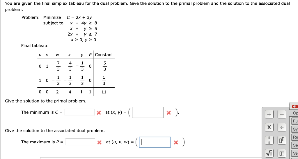 Solved You are given the final simplex tableau for the dual | Chegg.com