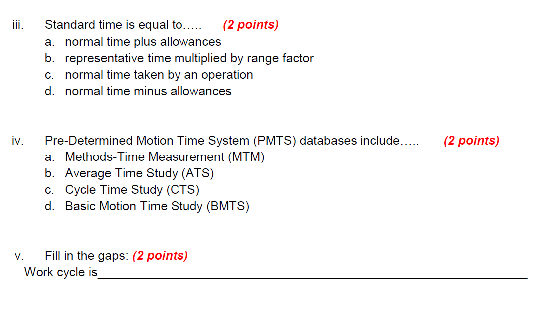 Solved iii. Standard time is equal to..... (2 points) a. | Chegg.com