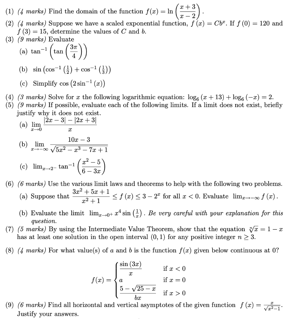 Solved (1) (4 marks) Find the domain of the function | Chegg.com