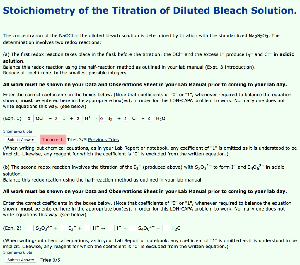 Solved Stoichiometry of the Titration of Diluted Bleach | Chegg.com