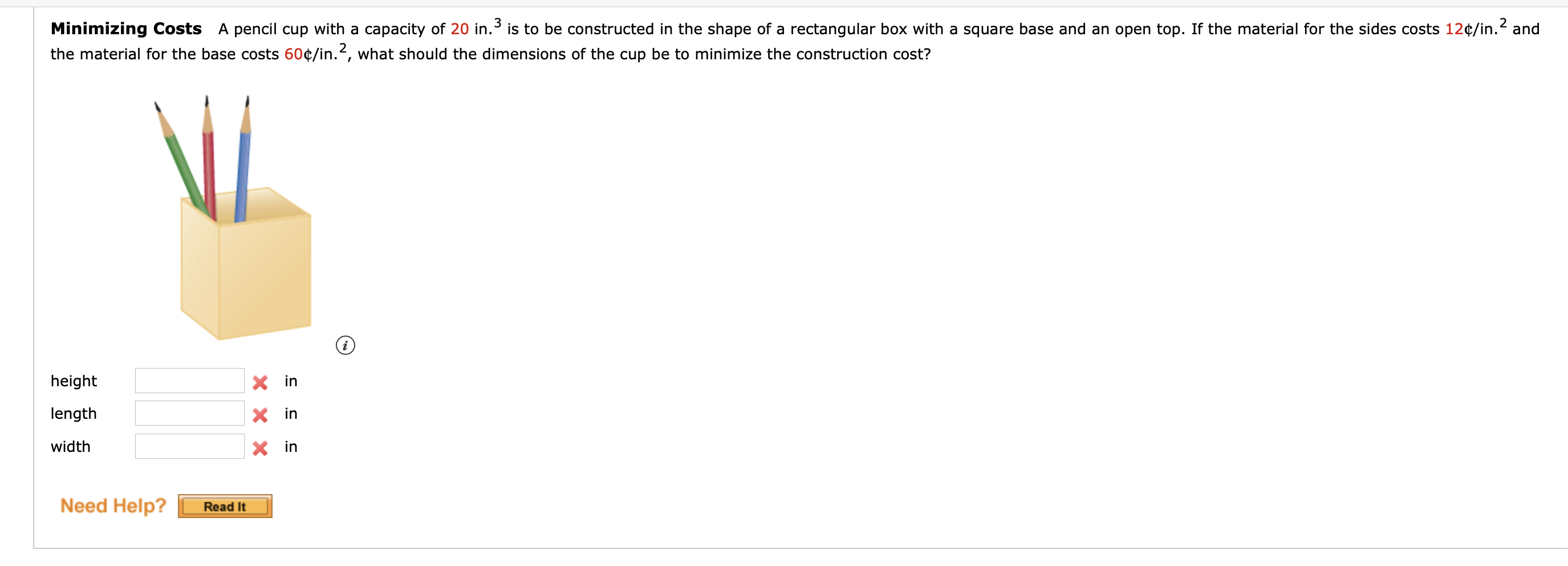 Solved Minimizing Costs A pencil cup with a capacity of 20 | Chegg.com
