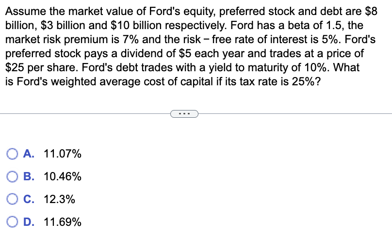 Solved Assume the market value of Ford's equity, preferred | Chegg.com Solved Assume the market value of Ford's equity, preferred | Chegg.com