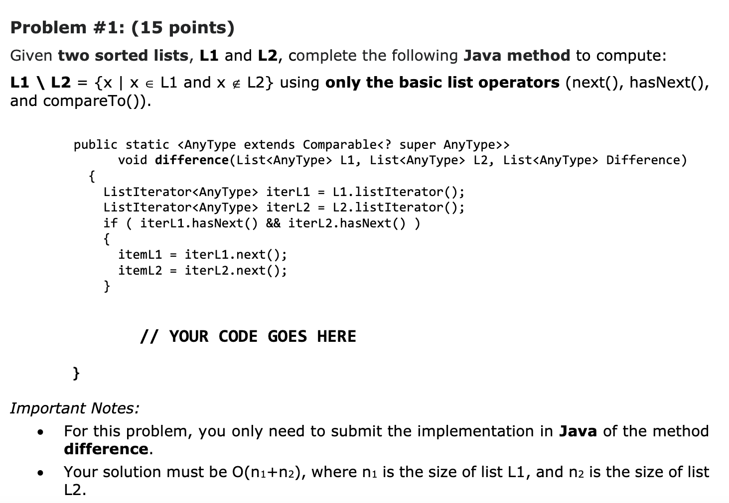 Solved Problem #1: (15 points) Given two sorted lists, L1 | Chegg.com