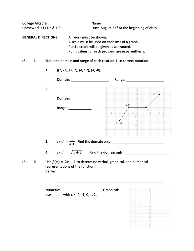 Solved College Algebra Name Homework \#1 (1.2 \& 1.3) Due: | Chegg.com