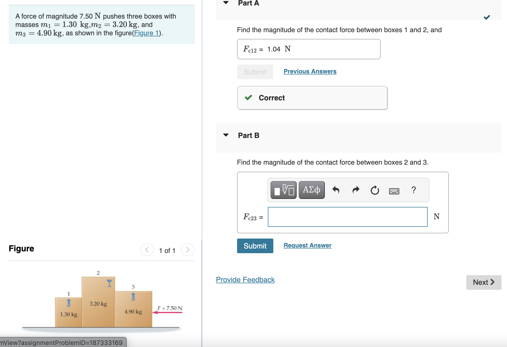 Solved A force of magnitude 7.50 N pushes three boxes with | Chegg.com