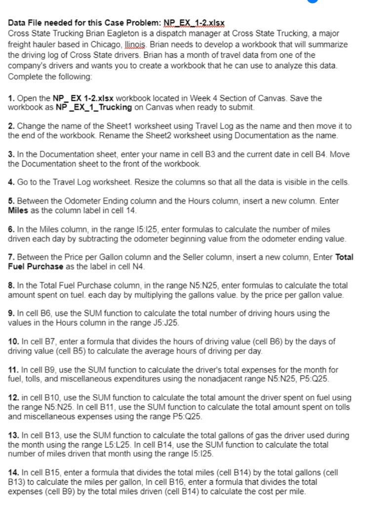 Data File needed for this Case Problem: NP_EX_1-2.xls | Chegg.com