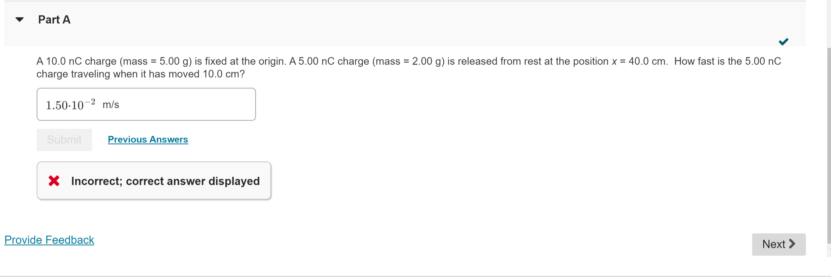 Solved Correct answer is displayed as 1.50x10^-2 m/s, please | Chegg.com