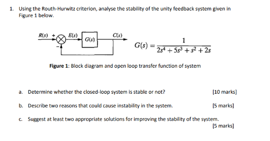 Solved 1. Using the Routh-Hurwitz criterion, analyse the | Chegg.com