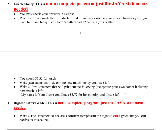 Solved 2. Lunch Money This is not a complete program just | Chegg.com