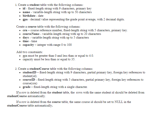 Solved 1. Create a student table with the following columns: | Chegg.com