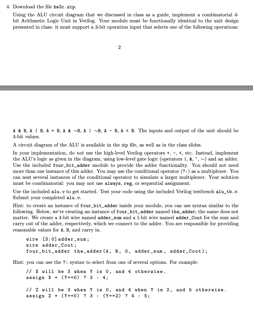 Solved 4. Download the file hw2c.zip. Using the ALU circuit | Chegg.com