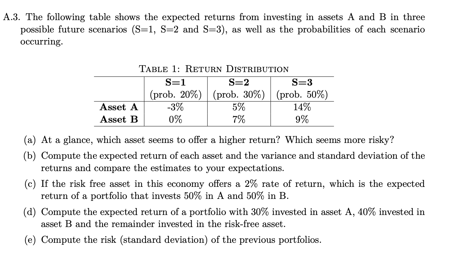 Solved A.3. The following table shows the expected returns | Chegg.com