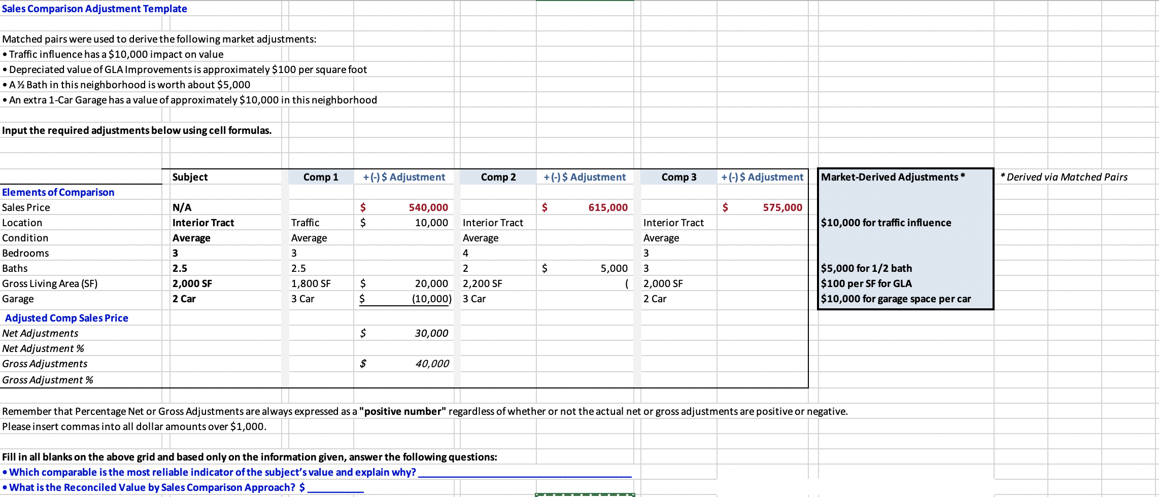 Sales Comparison Adjustment Template Matched pairs | Chegg.com