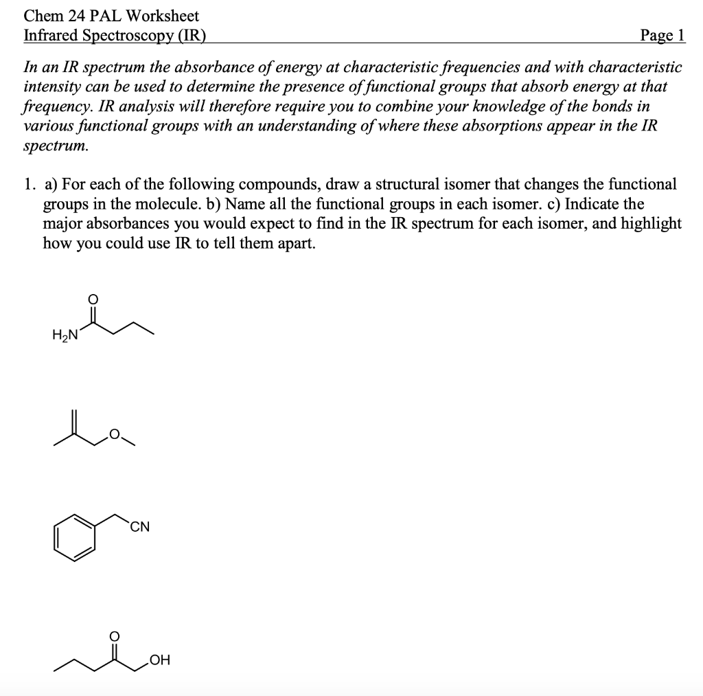 Solved Chem 24 PAL Worksheet Infrared Spectroscopy (IR) Page | Chegg.com
