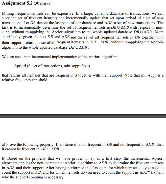 Assignment 5.2 (30 marks) Mining frequent itemsets | Chegg.com