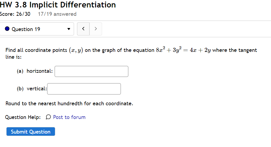 Solved HW 3.8 Implicit Differentiation Score: 26/3017/19 | Chegg.com