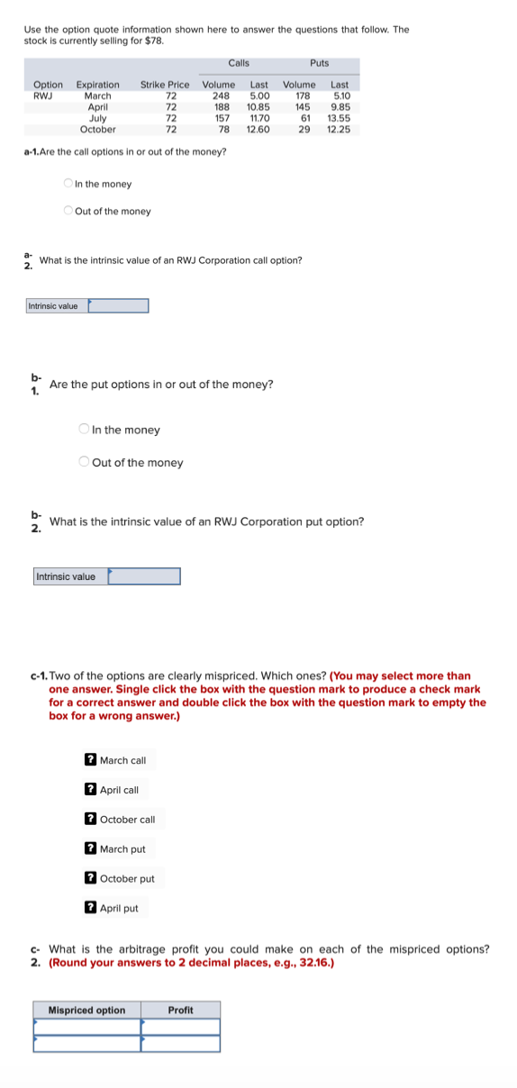 Solved Use the option quote information shown here to answer | Chegg.com