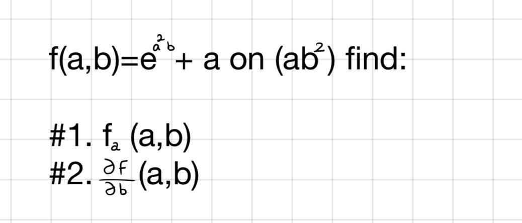 Solved f(a,b)=ea2b+a on (ab2) find: \#1. fa(a,b) \#2. | Chegg.com