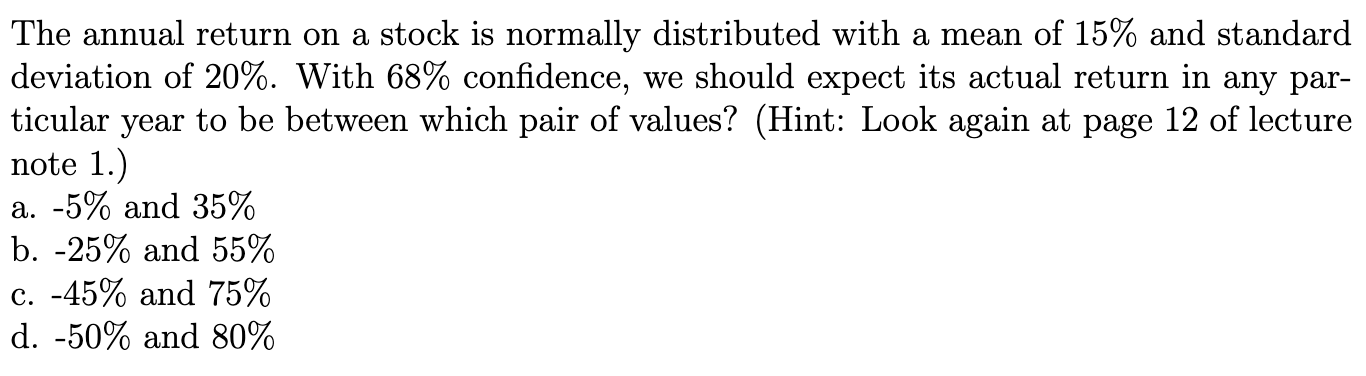 Solved The annual return on a stock is normally distributed | Chegg.com