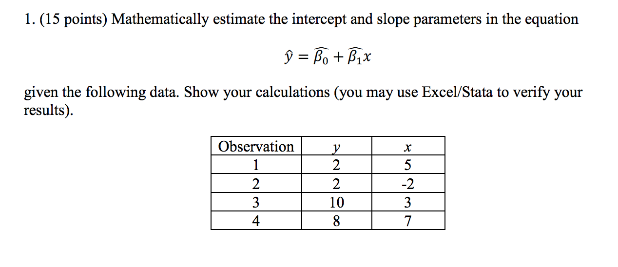 Solved 1. (15 points) Mathematically estimate the intercept | Chegg.com