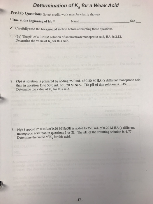 Solved Determination of Ka for a Weak Acid Pre-lab Questions | Chegg.com