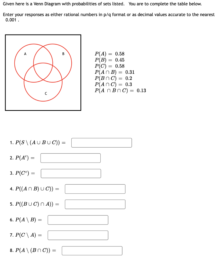 Solved Given here is a Venn Diagram with probabilities of | Chegg.com