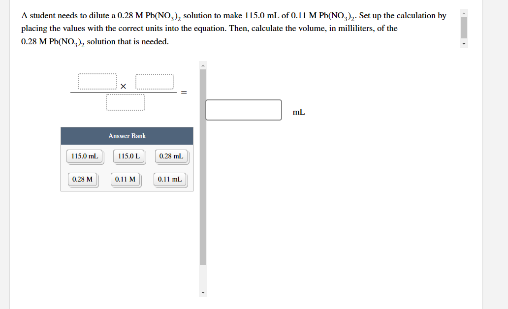 Solved A student needs to dilute a 0.28 M Pb(NO3)2 solution | Chegg.com