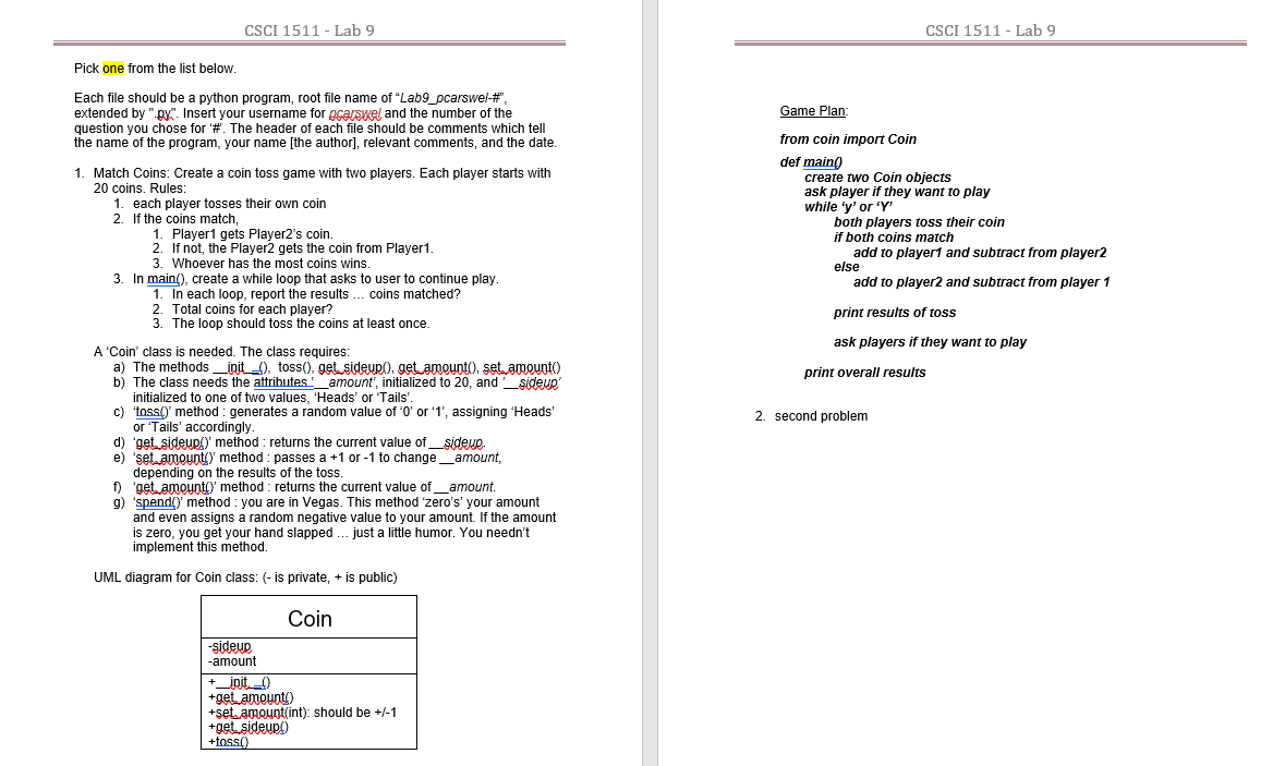 Solved Csci 1511 Lab 9 Csci 1511 Lab 9 Pick One From The