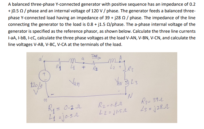 Solved A balanced three-phase Y-connected generator with | Chegg.com