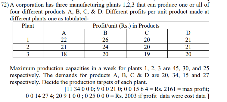 Solved A corporation has three manufacturing plants 1,2,3 | Chegg.com